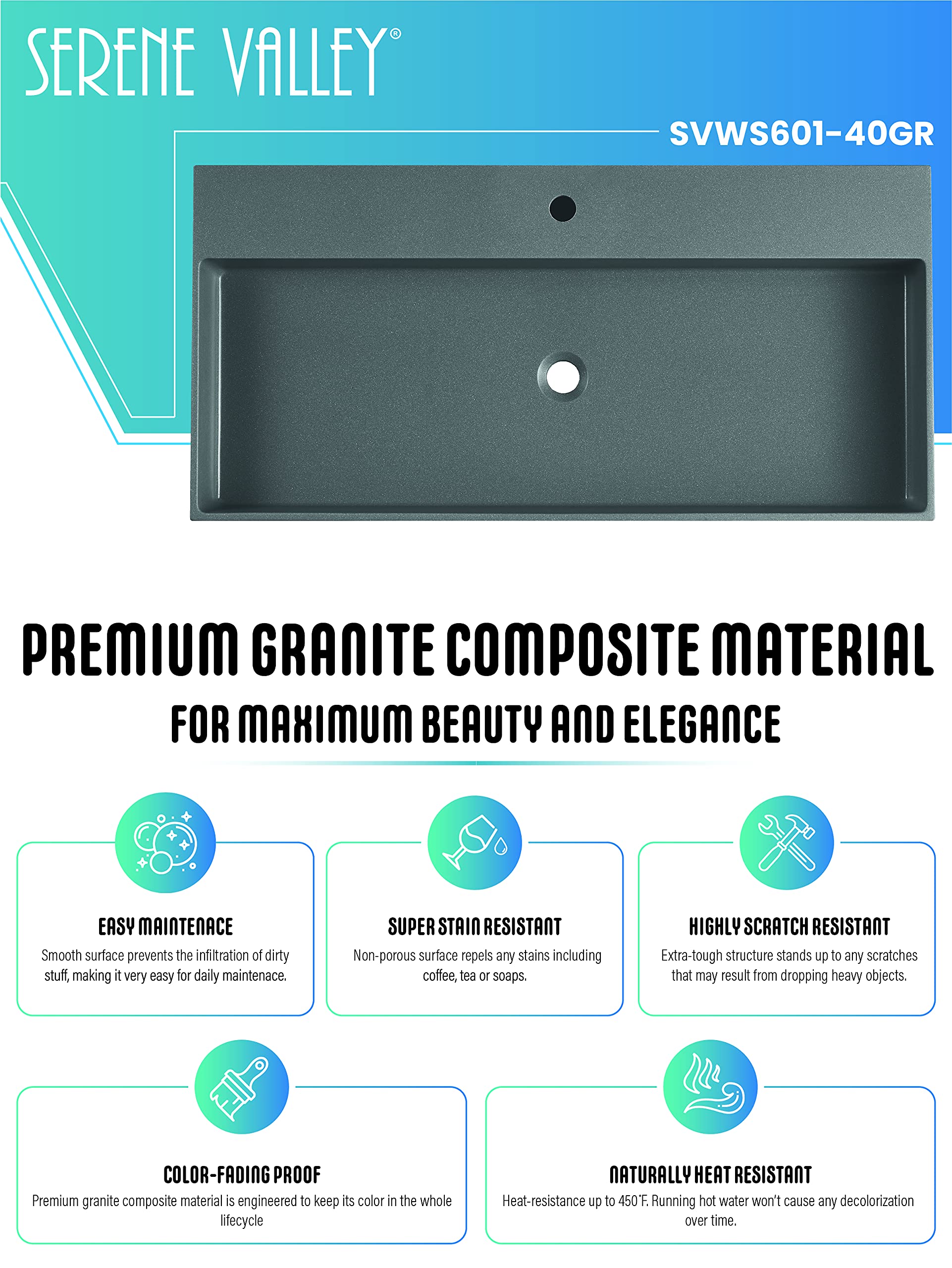 Serene Valley Bathroom Sink, Wall-Mount Install or On Countertop, 40" with Single Faucet Hole, Premium Granite Material in Matte Gray