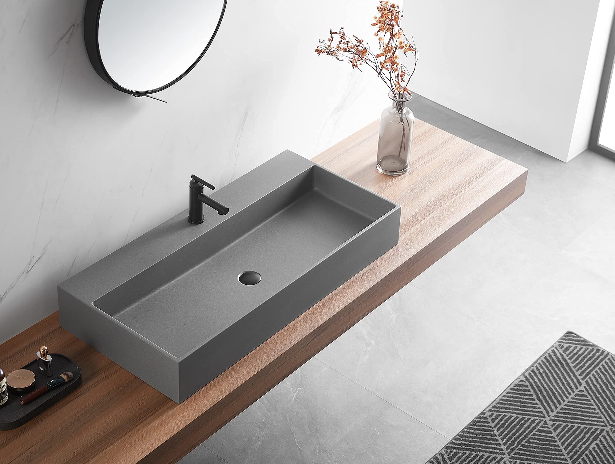 Serene Valley Bathroom Sink, Wall-Mount Install or On Countertop, 40" with Single Faucet Hole, Premium Granite Material in Matte Gray