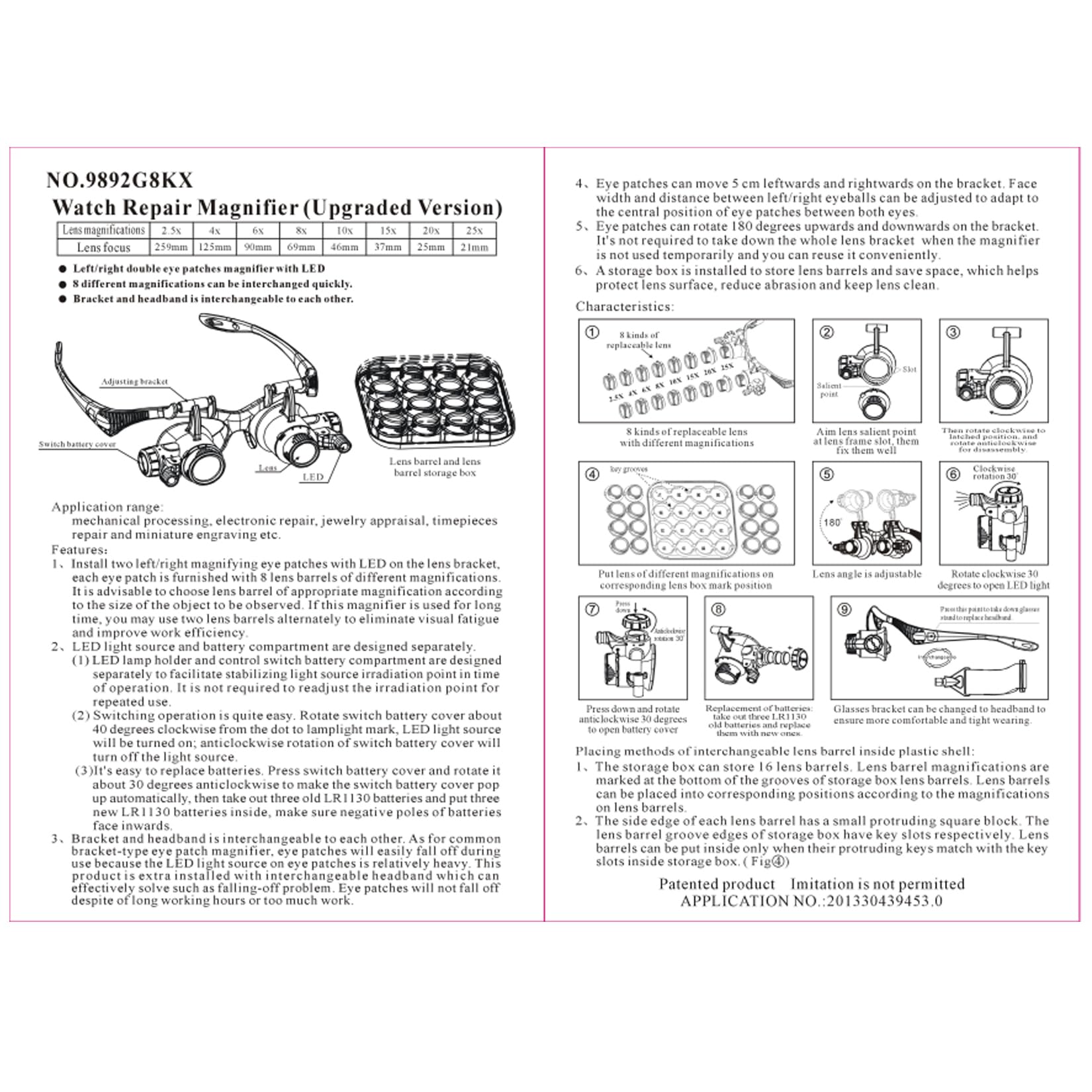 mlogiroa Head Mounted Magnifier with LED Light, Jewelers Loupe Magnifying Glasses with 8 Interchangeable Lens: 2.5X/4X/6X/8X/10X/15X/ 20X/25X for Close Work/Electronics/Eyelash/Crafts/Jewelry/Repair