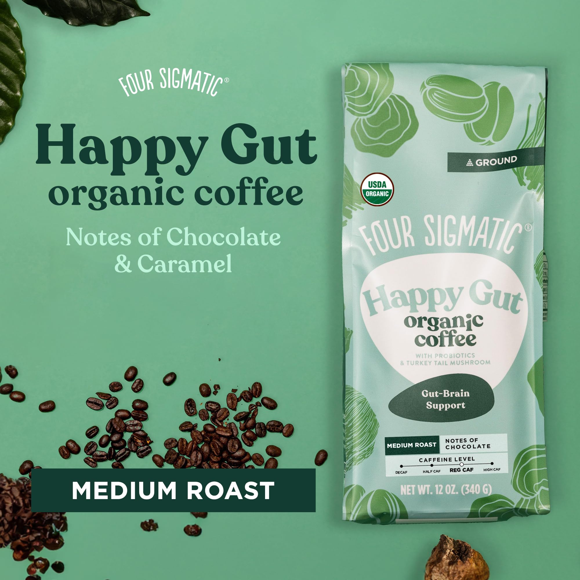Four Sigmatic Happy Gut Organic Ground Coffee | Medium Roast, Immune Boosting Probiotic Mushroom Coffee with Chaga & Turkey Tail for Gut Health & Immune Support | 12oz Bag