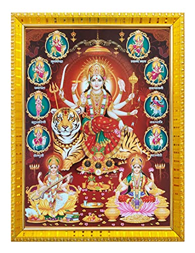 Koshtak Durga maa/vaishno Devi/nav Durga on Tiger maa Saraswati & laxmi Photo Frame with Laminated Poster (30 x 23 cm)(Golden Frame)