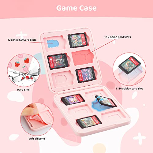 FANPL Carrying Case for Nintendo Switch/OLED/ Lite Travel Bag, Pink Shoulder Backpack Set with Game Case and Thumb Grip Caps, Switch Accessories Portable Crossbody Bag with Strawberry for Girls