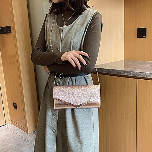 Teanea Glitter Envelope Clutch Formal Evening Wedding Handbag Chain Purse for Women, Rose Gold