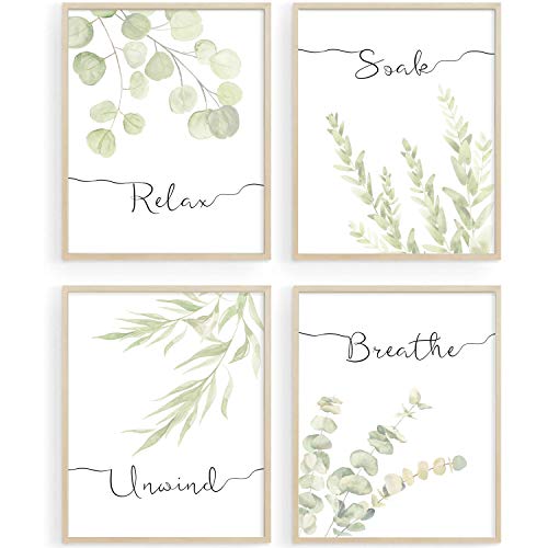 Botanical Plant Bathroom Decor Wall Art Prints , UNFRAMED Relax Wall Painting Art, Sage Green Wall Art Prints for Bathroom, Eucalyptus Leaves Watercolor Wall Posters, Boho Minimalist Wall Art, Set of 4, 8"x10"