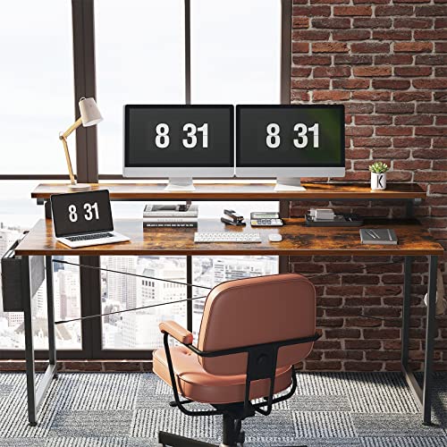 ODK Computer Desk with Adjustable Monitor Shelves, 63 inch Home Office Desk with Monitor Stand, Writing Desk, Study Workstation with 3 Heights (10cm, 13cm, 16cm), Rustic Brown