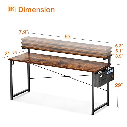 ODK Computer Desk with Adjustable Monitor Shelves, 63 inch Home Office Desk with Monitor Stand, Writing Desk, Study Workstation with 3 Heights (10cm, 13cm, 16cm), Rustic Brown