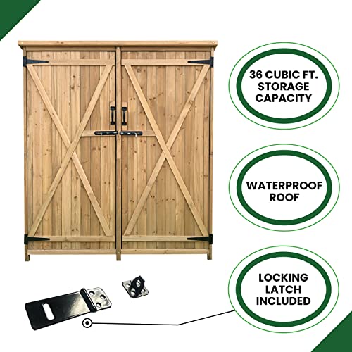 Hanover Outdoor Durable Double Door Wooden Shed for Tools and Garden Supplies with Shelf and Locking Latch, 36 Cu.Ft. Capacity (4.4' x 5' x 1.6'), Outdoor Storage for Backyard with Waterproof Roof