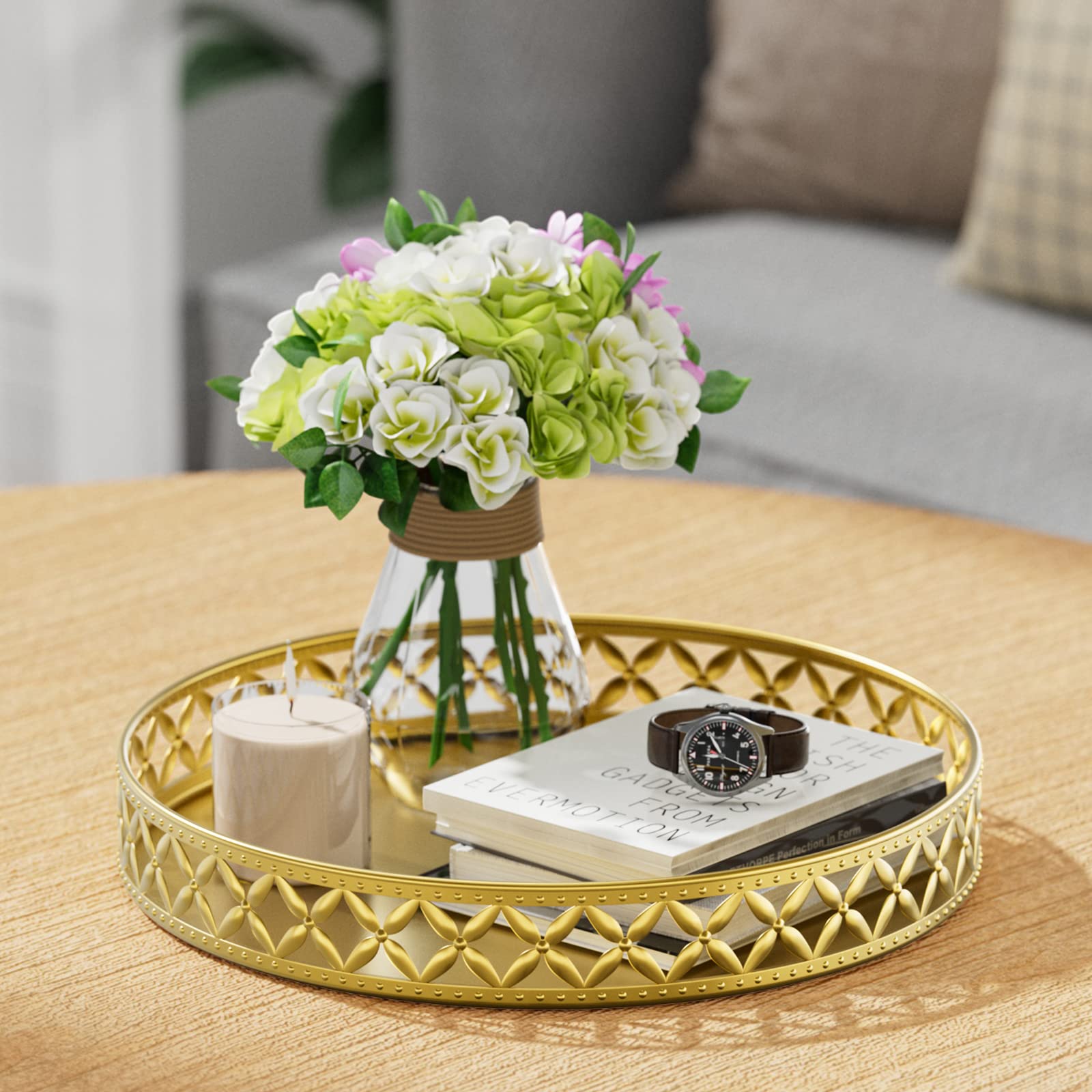 EKNITEY Bathroom Counter Vanity Tray - Perfume Makeup for Dresser Tops Gold Round Serving Candle Decorative Storage Home Decor 11'' Floral-gold