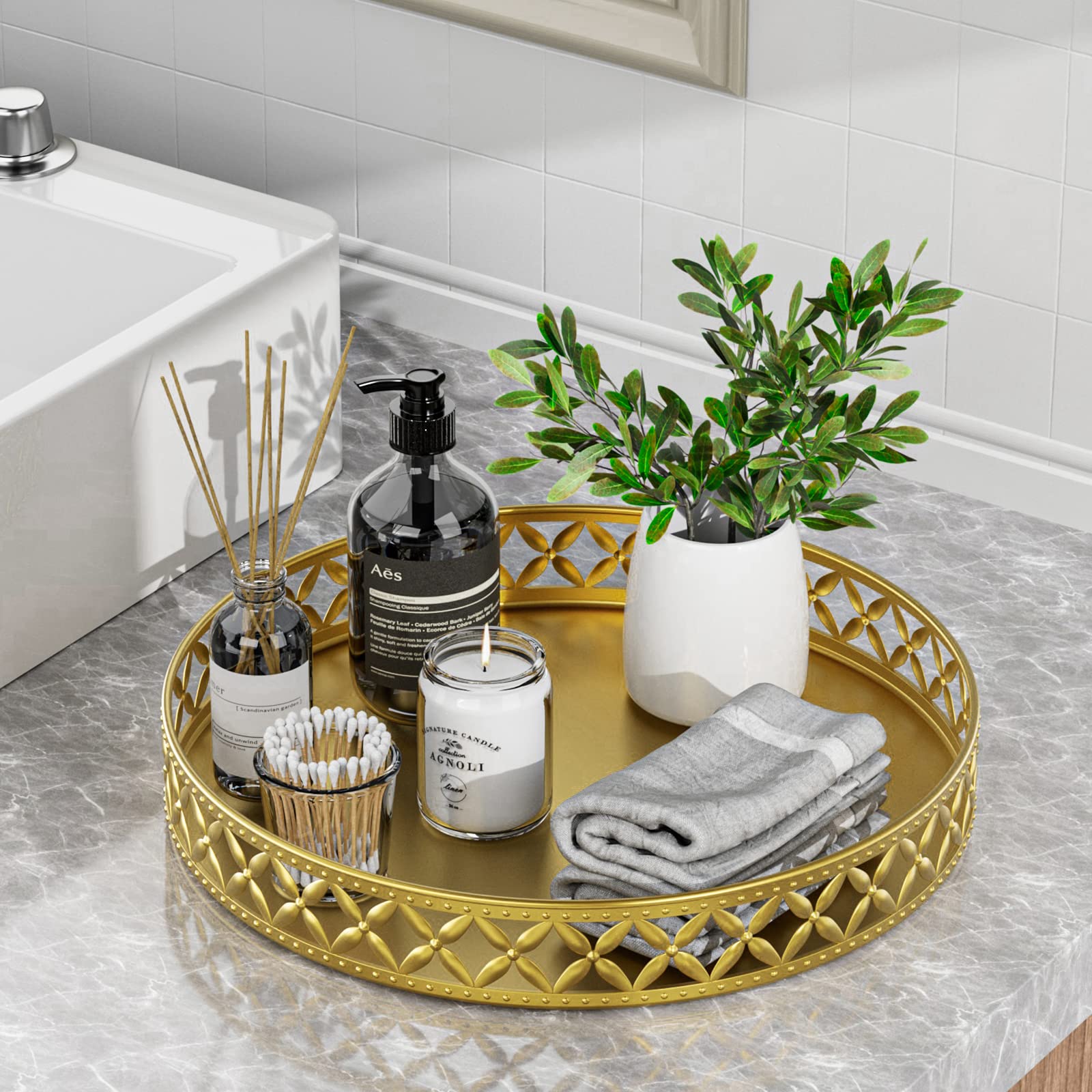 EKNITEY Bathroom Counter Vanity Tray - Perfume Makeup for Dresser Tops Gold Round Serving Candle Decorative Storage Home Decor 11'' Floral-gold
