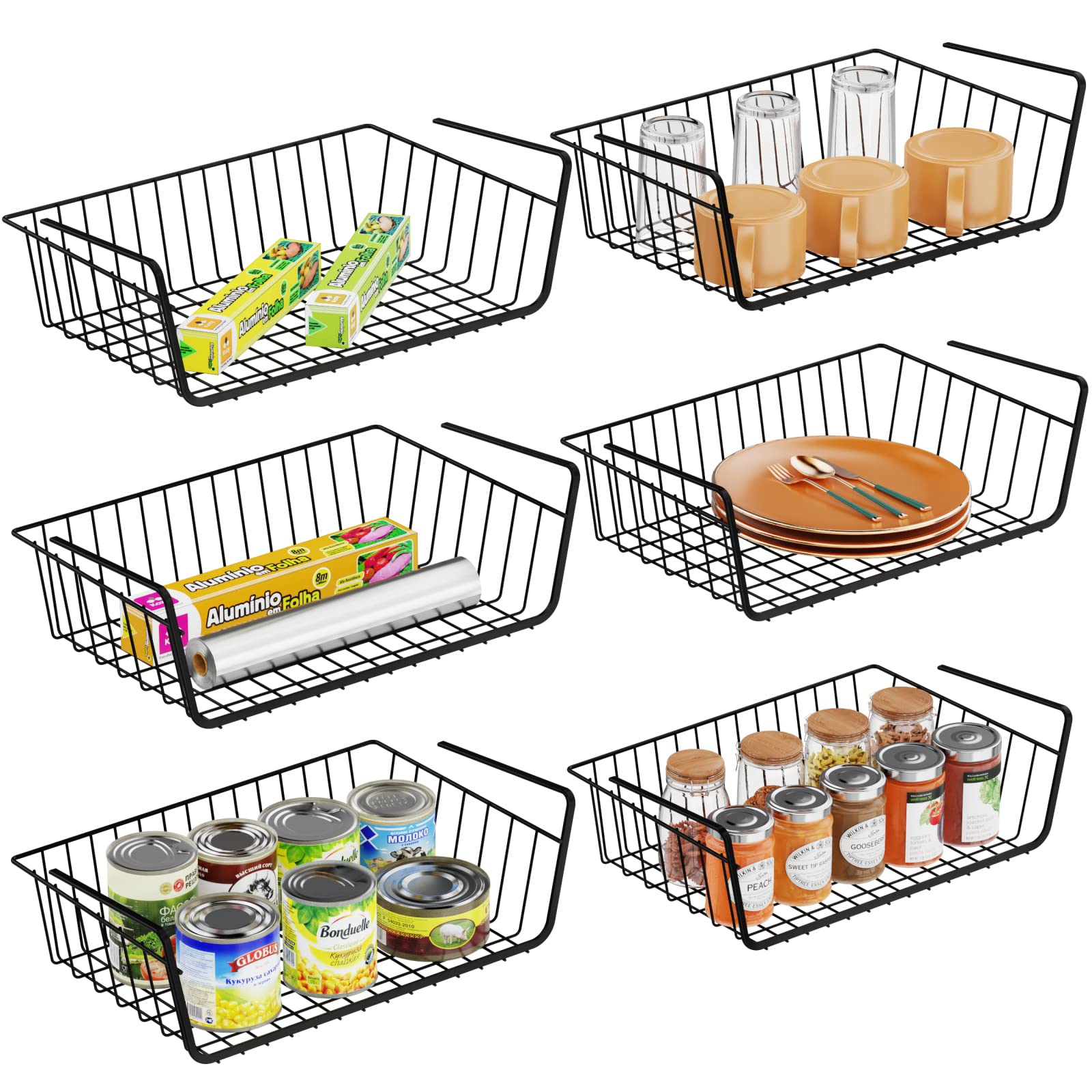 Under Shelf Basket, Veckle 6 Pack Pantry Organization and Storage Durable Shelf Organizer Under Cabinet Pantry Laundry Room, Hanging Sliding Metal Baskets Add Extra Space Easy to Install, Black