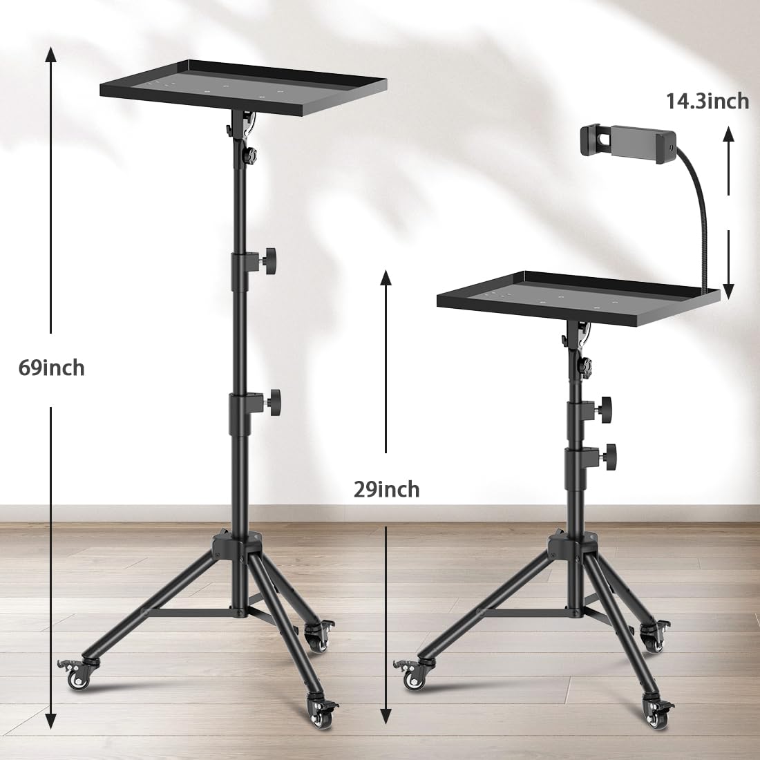 Projector Stand, Sturdy Durable Metal Laptop Tripod Stand with Wheels, Folding Floor Tripod Stand with Tray, Adjustable Height Portable DJ Equipment Stand for Indoors and Outdoors (29 Inch-69 Inch)