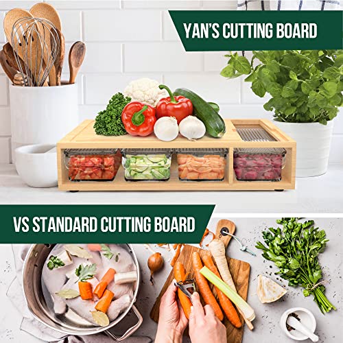 YANs Bamboo Cutting Board with Containers for Easy Meal Prep - Full Chopping Board Set with Extra Large Storage - Durable Wood Cutting Board Organizer incl Juice Groove to Keep Your Kitchen Tidy - Set