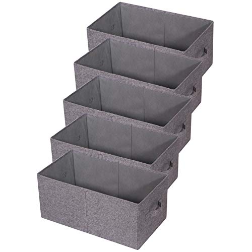 TENABORT Set of 5 Closet Organizer Bins with Handle, Linen Fabric Foldable Storage Baskets Cloth Box Containers for Shelves Home Office Clothes Clothing, Gray, Jumbo