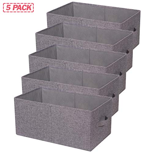 TENABORT Set of 5 Closet Organizer Bins with Handle, Linen Fabric Foldable Storage Baskets Cloth Box Containers for Shelves Home Office Clothes Clothing, Gray, Jumbo