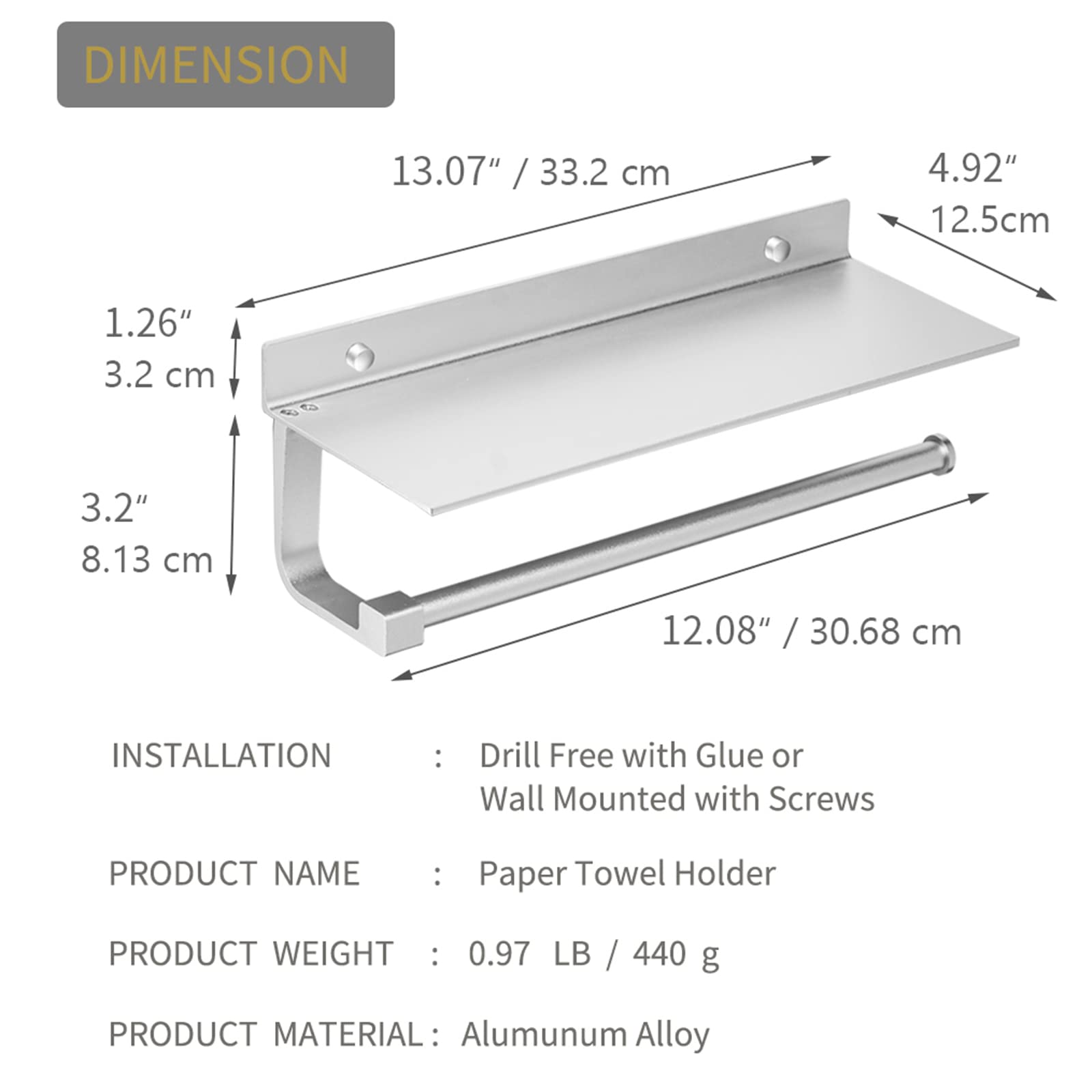 BESy Adhesive Paper Towel Holder Wall Mounted for Kitchen 13 in, Bathroom Tissue Roll Hanger with Storage Shelf, Space Aluminum, Self Adhesive with Glue or Wall Mount with Screws, Dull Polished Silver