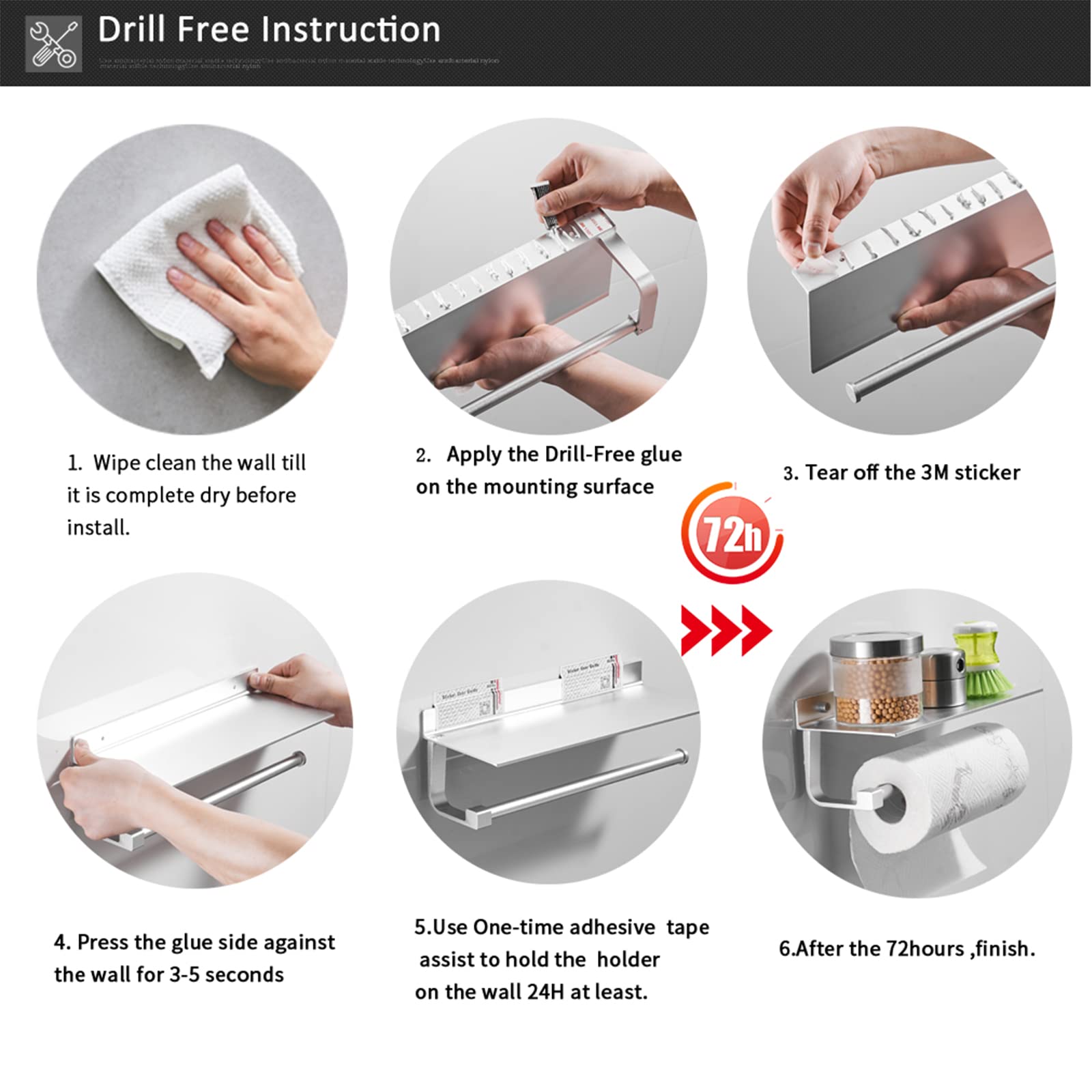 BESy Adhesive Paper Towel Holder Wall Mounted for Kitchen 13 in, Bathroom Tissue Roll Hanger with Storage Shelf, Space Aluminum, Self Adhesive with Glue or Wall Mount with Screws, Dull Polished Silver