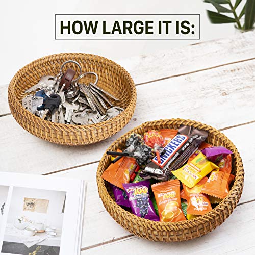 Small Key Bowl for Entryway Table Wicker Decorative Bowls Keys Holder Basket Handmade Woven Display Wall Baskets Rattan Fruit Candy Wallet Storage Organizing Kitchen Countertop (XS: 7.3" Set 1)