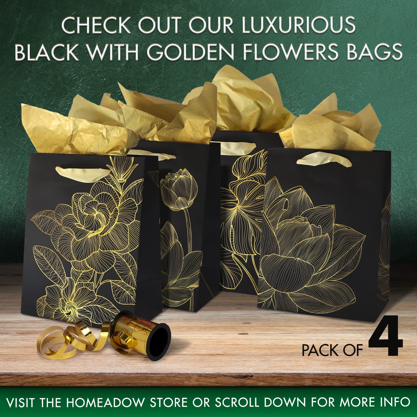 Homeadow Bags - 4 Pcs Assorted Gift Bags, Medium Size (9"x7") - Assorted with 4 Different Designs, Laminated Cardboard, includes 8 tissue papers - Festive Gold Blue Shapes