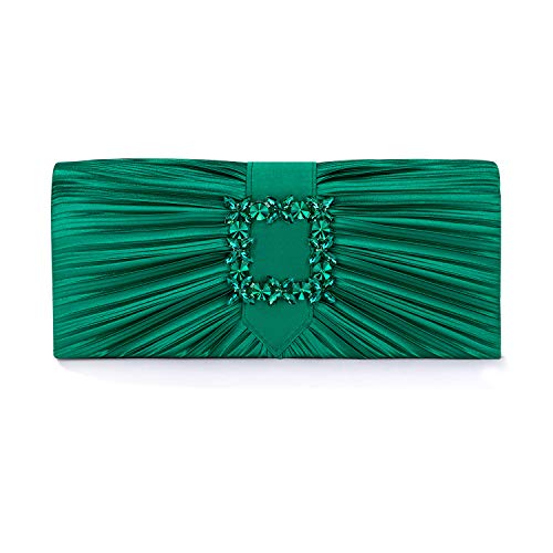 Mulian LilY M366 Women Pleated Satin Rhinestone Brooch Evening Bags Prom Clutch Purse With Detachable Chain Strap Green