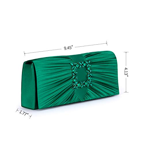 Mulian LilY M366 Women Pleated Satin Rhinestone Brooch Evening Bags Prom Clutch Purse With Detachable Chain Strap Green
