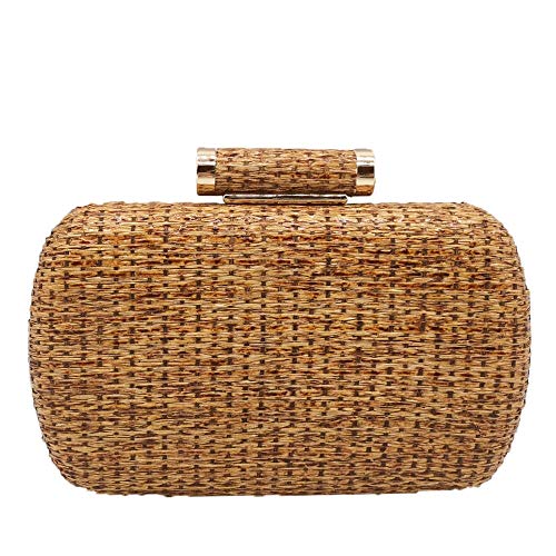 Boutique De FGG Casual Straw Clutch Purses for Women Chain Shoulder & Crossbody Bag Metal Evening Clutches (Small,Coffee)