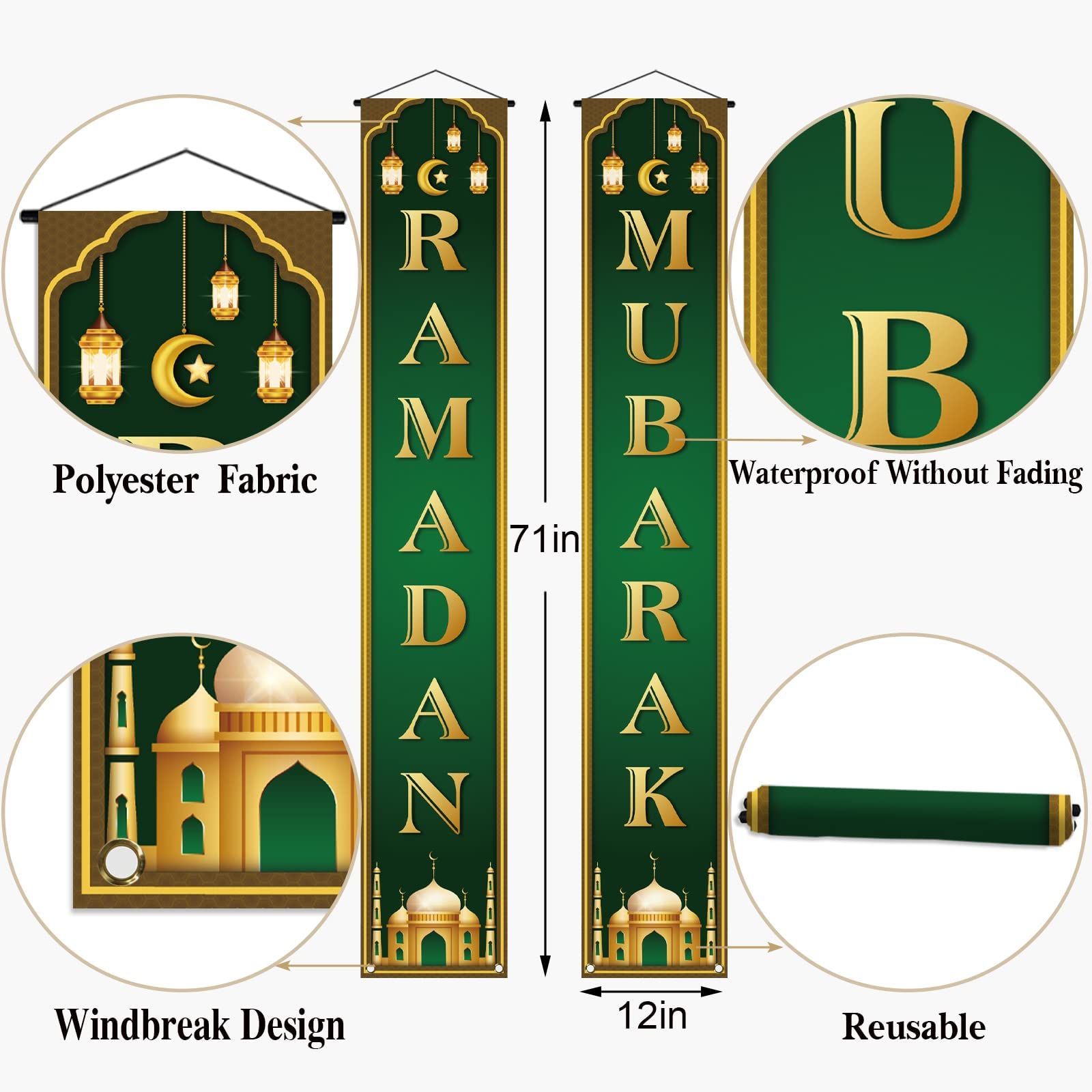 Ramadan Mubarak Porch Banner Islamic Mosque Lamp Muslim Religious Holiday Front Door Sign Wall Hanging Party Decoration