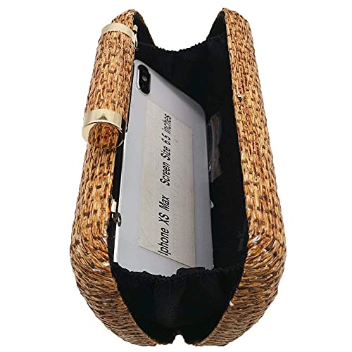 Boutique De FGG Casual Straw Clutch Purses for Women Chain Shoulder & Crossbody Bag Metal Evening Clutches (Small,Coffee)