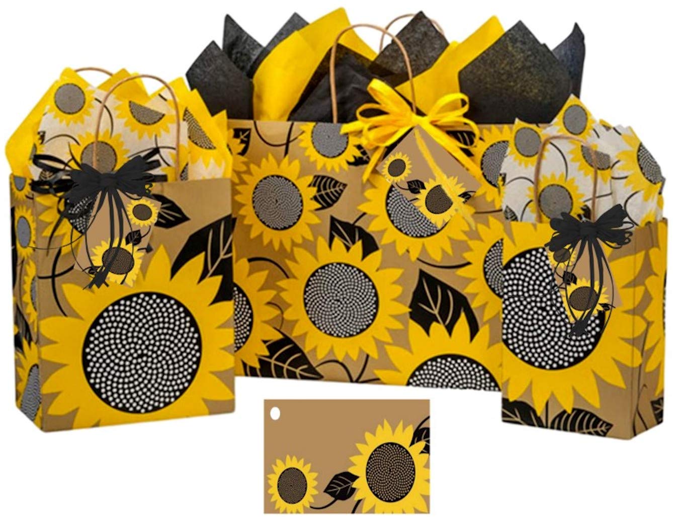 Sunflower Gift Bags With Tissue Paper - Assorted Sizes With Coordinating Tissue Paper Tags and Raffia Ribbon