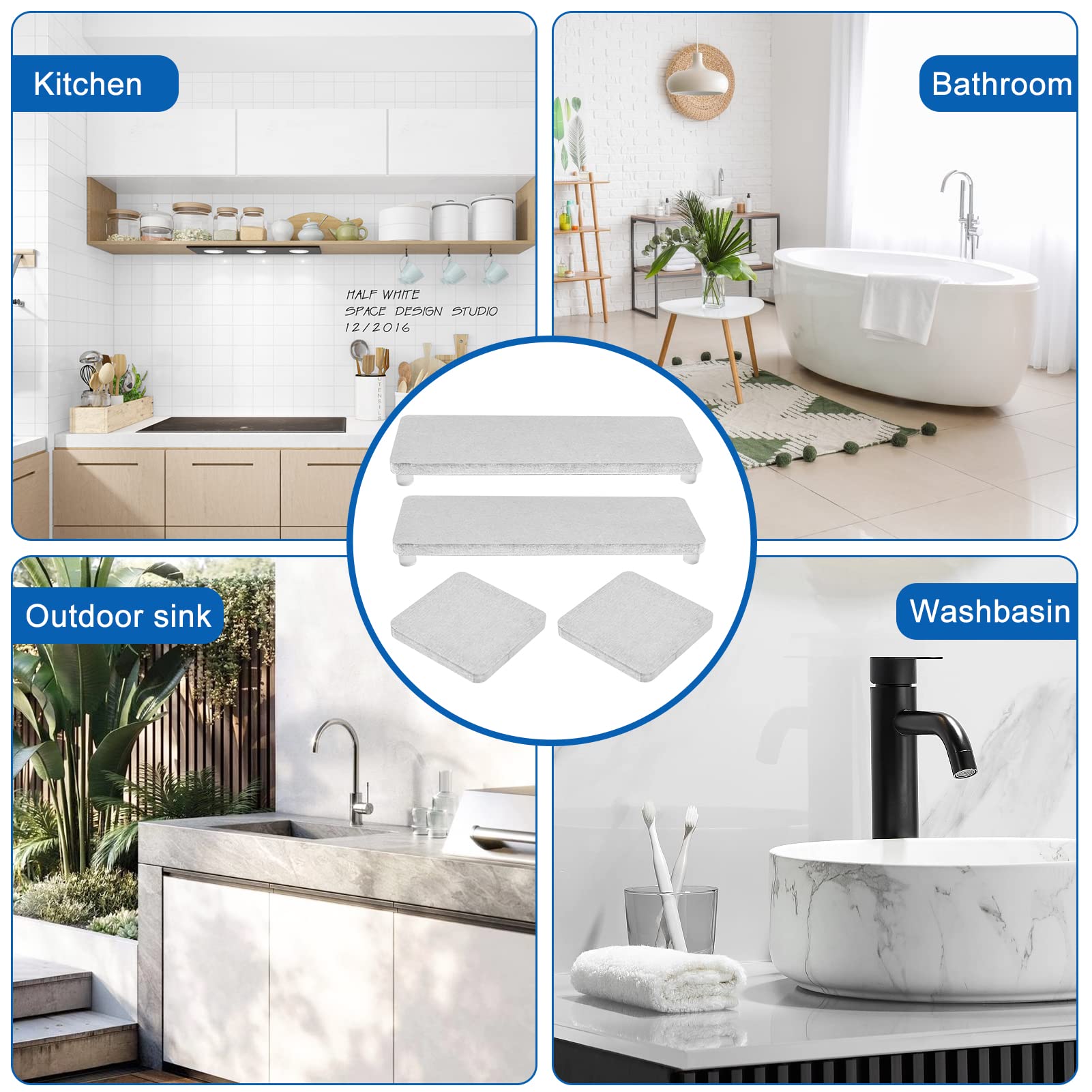4Pack Water Absorbent Diatomite Coasters, Instant Dry Sink Organizer Water Absorbing Stone Tray Diatomaceous Earth Soap Dish Toothbrush Holder Stone Drying Mat for Bathroom Kitchen Sink Countertop (L)