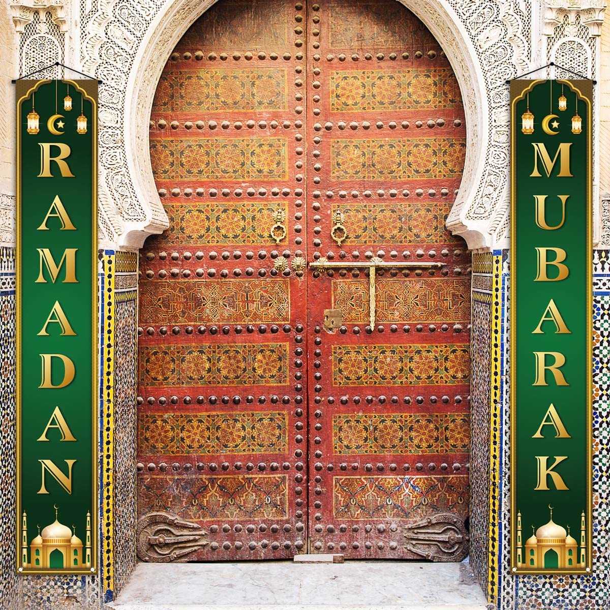 Ramadan Mubarak Porch Banner Islamic Mosque Lamp Muslim Religious Holiday Front Door Sign Wall Hanging Party Decoration