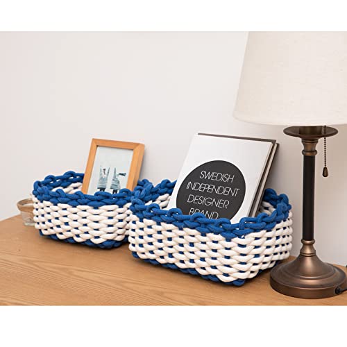 R RUNKA Small Rope Baskets for Clothes, Toys, Towels, Books - Set of 3,Decorative Baskets for Home Decor,Small Baskets for Gifts | Boho Baskets, Small Woven Basket for Nursery (Blue & Off White)