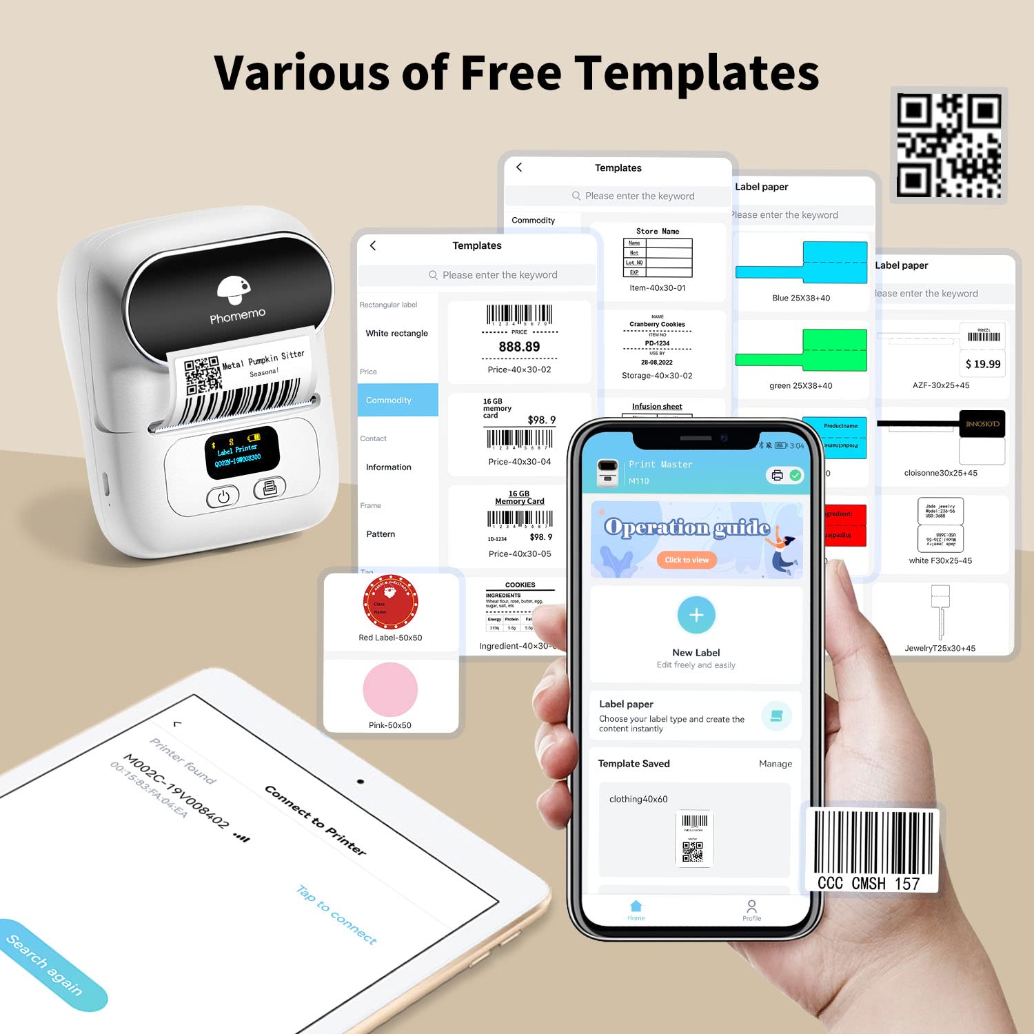 Phomemo M110 Address Label Maker for Mailing,Portable Label Sticker Barcode Printer for Clothing, PhotoLogo, Jewelry, Retail, Office, Home, for iOS & Android, with 1 40×30mm Label