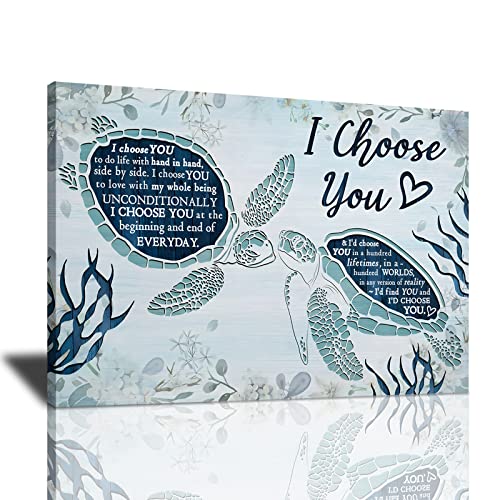 GRYTAPA Sea Turtle Bathroom Decor Sea Turtle Wall Art Ocean Theme Canvas I Choose You Poster Flowers Background Picture Couple Canvas Painting For Living Room Bedroom Framed Home Decoration 16"x12"