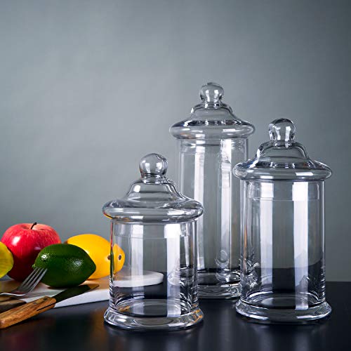 Diamond Star Set of 3 Clear Glass Apothecary Jars Elegant Storage Jar with Lid, Decorative Wedding Candy Organizer Canisters Home Decor Centerpieces (H: 11", 8.5", 7.5" D: 5")