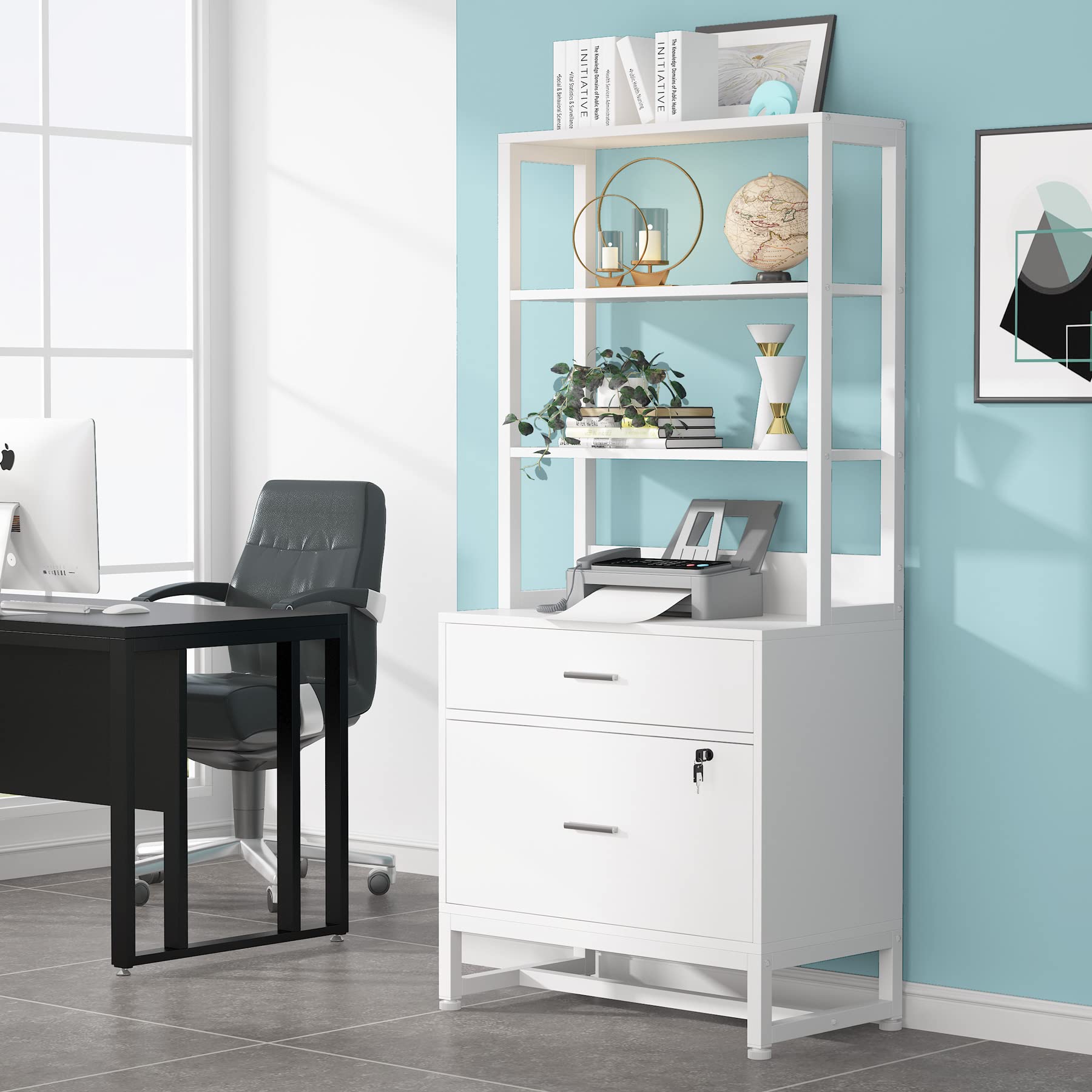 Tribesigns 2 Drawer Vertical File Cabinet with Lock & Bookshelf, Letter Size Large Modern Filing Cabinet Printer Stand with Open Storage Shelves for Home Office, White