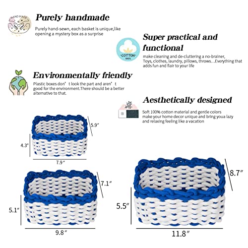 R RUNKA Small Rope Baskets for Clothes, Toys, Towels, Books - Set of 3,Decorative Baskets for Home Decor,Small Baskets for Gifts | Boho Baskets, Small Woven Basket for Nursery (Blue & Off White)