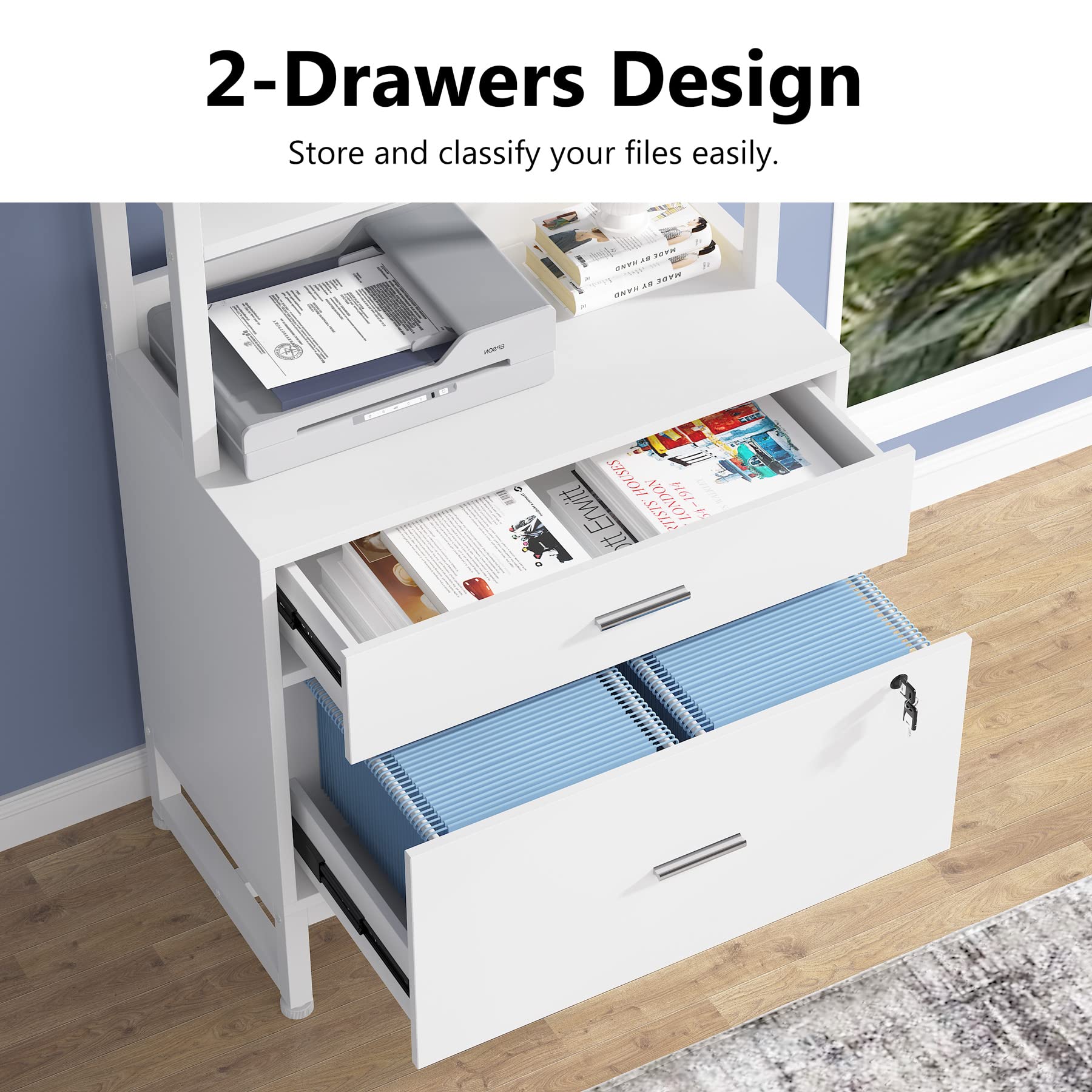 Tribesigns 2 Drawer Vertical File Cabinet with Lock & Bookshelf, Letter Size Large Modern Filing Cabinet Printer Stand with Open Storage Shelves for Home Office, White