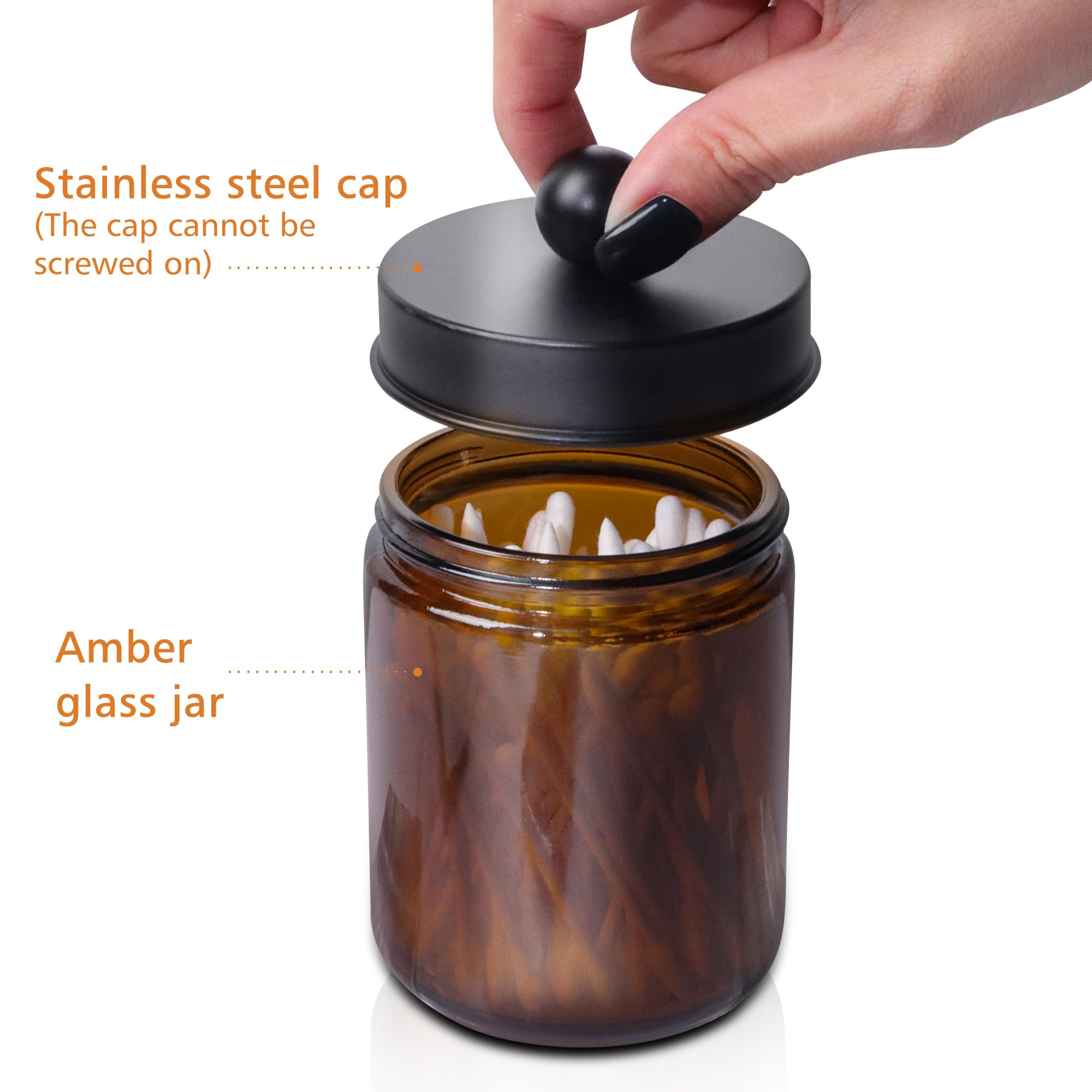 UrSpeedtekLive Bathroom Accessory Set 5 Pcs, 2 Pcs 16oz Amber Glass Soap Dispensers with Stainless Steel Pumps, 2 Pcs Qtip Holder Dispensers with Waterproof Labels & Bamboo Tray