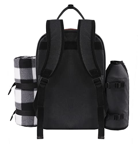 ALLCAMP OUTDOOR GEAR Picnic Backpack for 2 Person Set W/Detachable Bottle/Wine Holder, Fleece Blanket, Plates and Cutlery Set (Black)