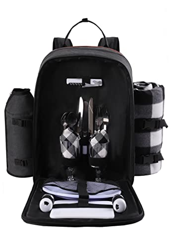 ALLCAMP OUTDOOR GEAR Picnic Backpack for 2 Person Set W/Detachable Bottle/Wine Holder, Fleece Blanket, Plates and Cutlery Set (Black)