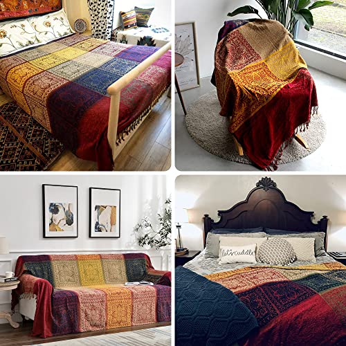 Boho Throw Blanket, Chenille Jacquard Tassels Throw Blankets for Bed Couch Soft Chair, Bohemian Fringe Tassels (Red, S:60x75