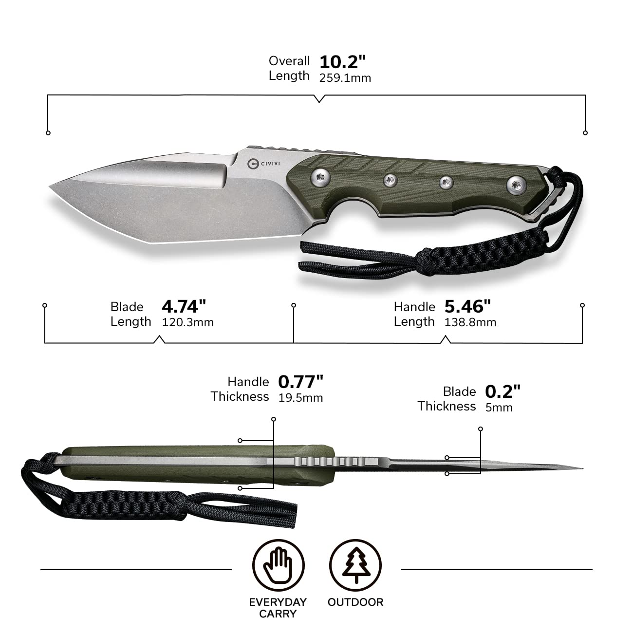 CIVIVI Maxwell Fixed blade knife, 4.74" D2 Steel Blade G10 Handle, Maciej Torbé Utility Knife With A Black Kydex Sheath and A Paracord Lanyard for Camping Hiking Hunting C21040-2
