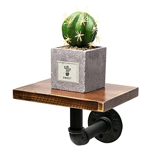 Tonport Rustic Wall Mounted Iron Water Pipe with Wooden Board Bookshelf Display Rack Simple Hanging Iron Water Pipe Floating Shelves