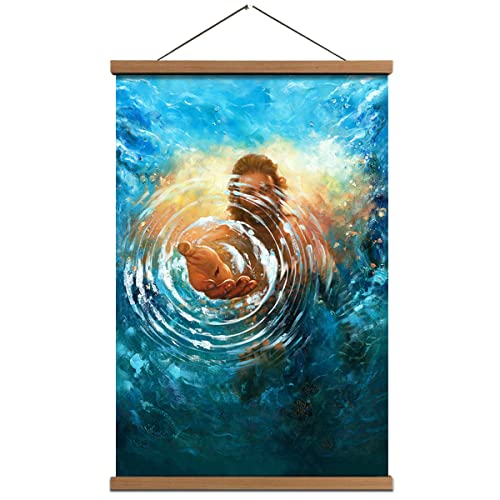 Jesus Hanging Poster Wall Art with Wooden Frame - Fabric Canvas Print Painting Pictures 16x24 inch for Wall