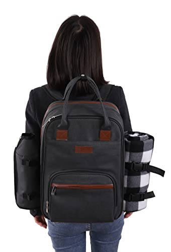 ALLCAMP OUTDOOR GEAR Picnic Backpack for 2 Person Set W/Detachable Bottle/Wine Holder, Fleece Blanket, Plates and Cutlery Set (Black)