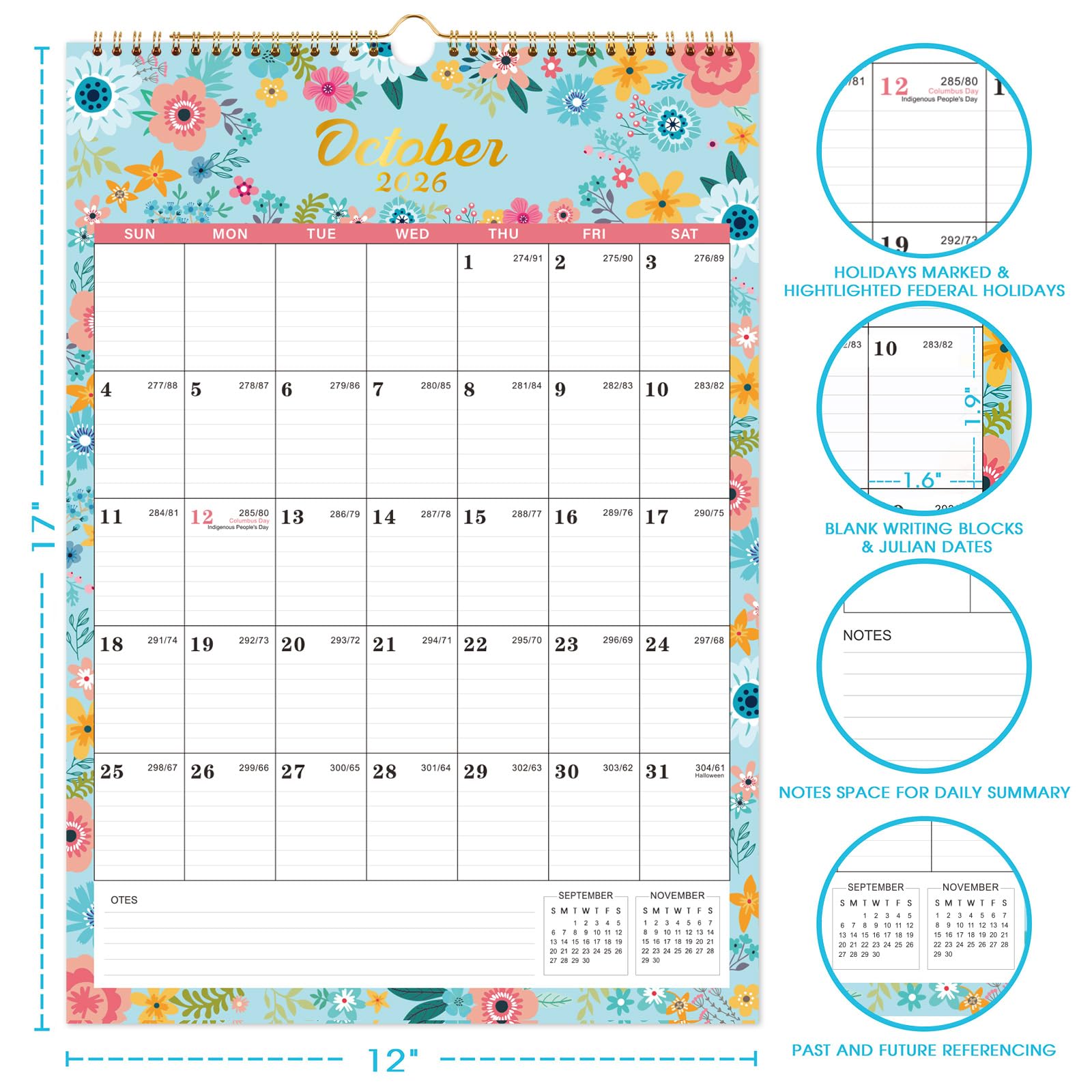 2023-2024 Wall Calendar - 18 Monthly Wall Calendar with Thick Paper, July 2023 - Dec 2024, 12" x 17", Large Blocks with Julian Dates, Twin-Wire Binding, Hanging Hook, Perfect for Home & Office Planning