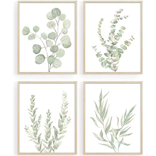 Howwii Botanical Boho Bathroom Decor Wall Art Prints, UNFRAMED Sage Green Plants Decor for Bedroom|Office, Minimalist Eucalyptus Leaves Watercolor Art Prints, Set of 4 Pictures, 8"x10" No Frames