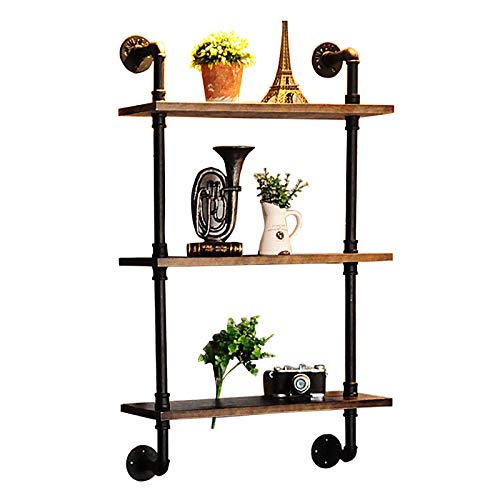 FOTEE Industrial Bookshelf Pipe Shelves 3 Tiers, Rustic Wood Shelf Wall Mounted, Metal Corner Hung Bracket Shelving Floating Shelves Home Decor Shelf,Black
