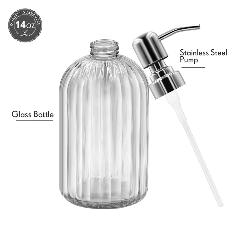 Soap Dispenser - 2 Pack 14 Oz Glass Soap Dispenser with Rust Proof Stainless Steel Pump, Refillable Liquid Bottle Dispenser, Premium Hand Jar Dispenser for Bathroom, Kitchen, Countertop (Transparent)