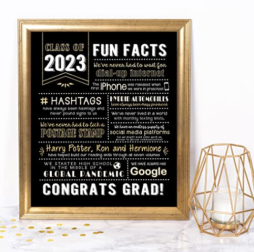 Katie Doodle - 2023 Graduation Decorations - Class of 2023 Decorations - Great Party Centerpiece, Card or Class of 2023 Gifts for Her or Him - 2023 Fun Facts Sign [Unframed], 8x10 inch, Black and Gold